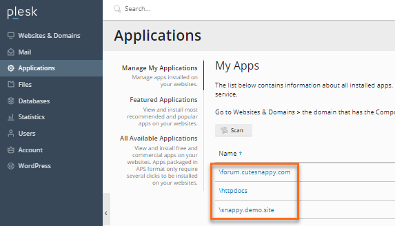 Managing an Installed Application in Plesk